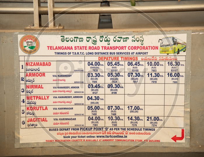 Image Of TSRTC Airport Bus Timings Board For Airport To Telangana