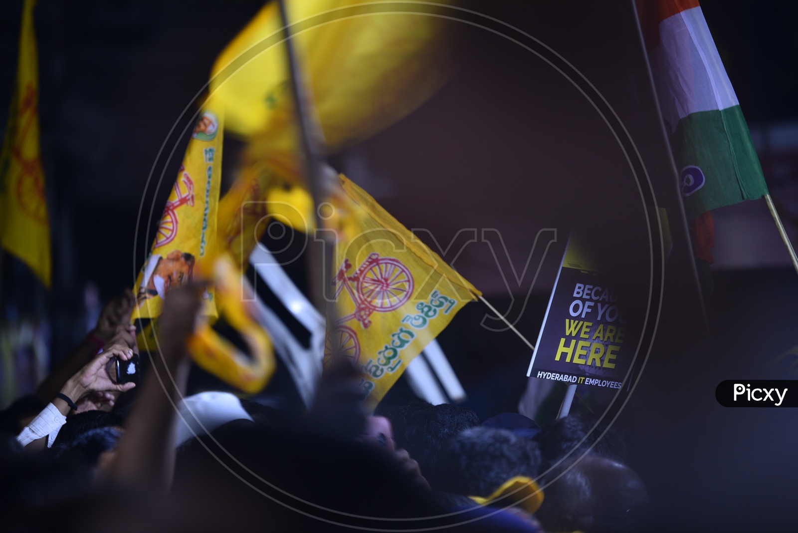 Image of Placards & Flags Supporting TDP Party at a meeting in Ameerpet ...