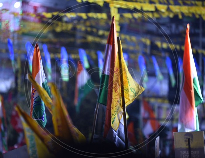 Image of Placards & Flags Supporting TDP & Congress Party at a meeting ...