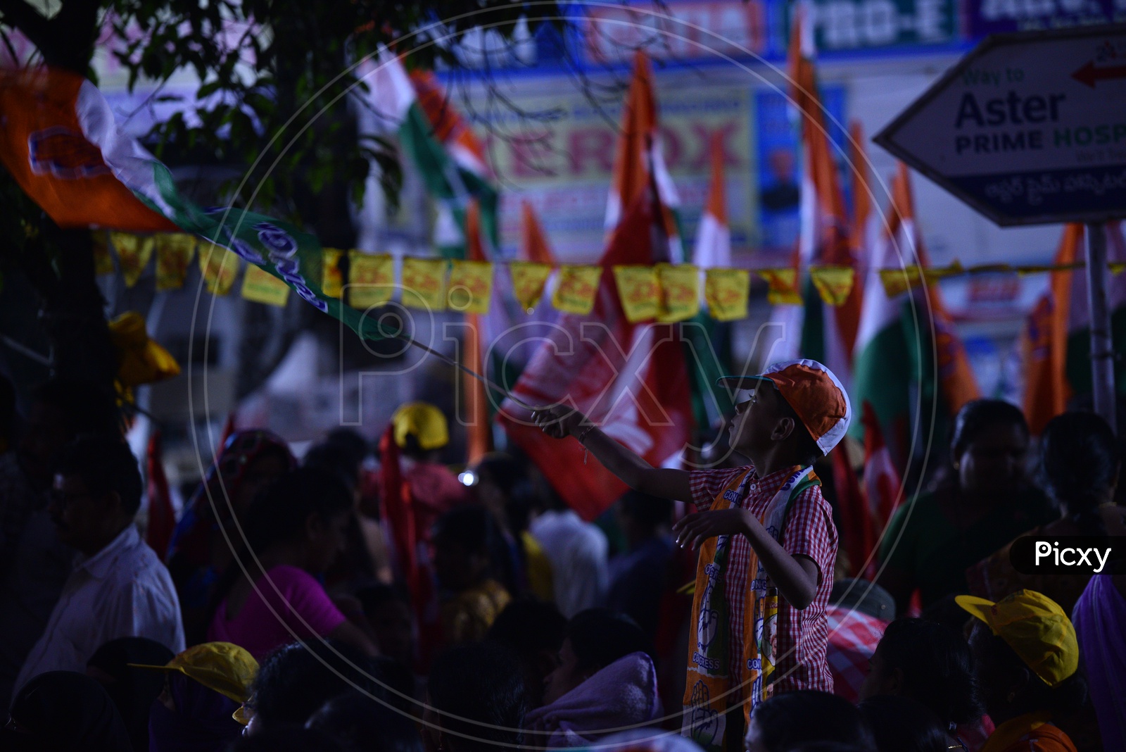 Image of Placards & Flags Supporting TDP & Congress Party at a meeting ...
