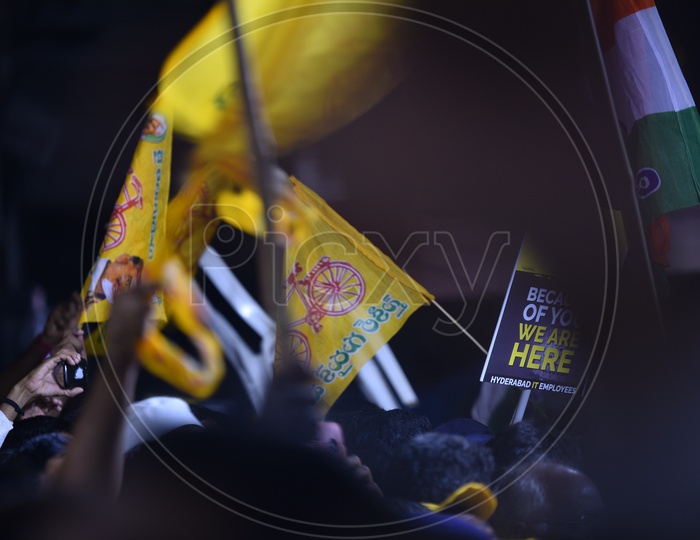 Image of Placards & Flags Supporting TDP Party at a meeting in Ameerpet ...