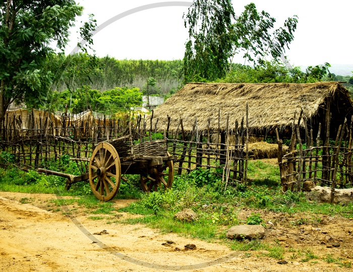 Image of Bullock Cart and Hut in Remote Villages in India / Village ...