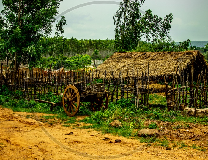 Image of Bullock Cart and Hut in Remote Villages in India / Village ...