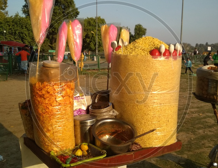 Image of Indian Street Food / Bhel Puri / Cotton Candy Vendor Stall at ...