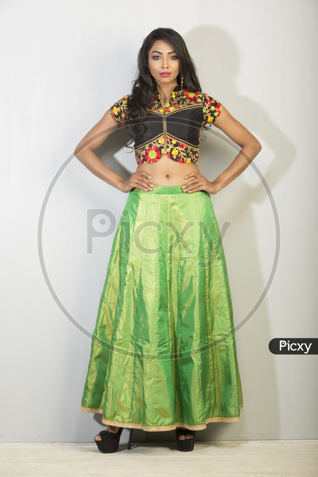 Image of Indian girl dressed up in green dress portrait in Studio ...