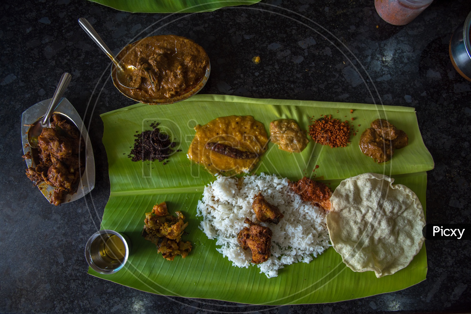 Image of Andhra Meals with Chicken Fry and Mutton Curry.-RE081476-Picxy