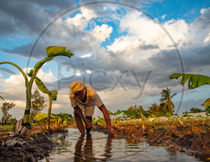 Image of A farmer clearing the obstacles on the path of water to flow ...