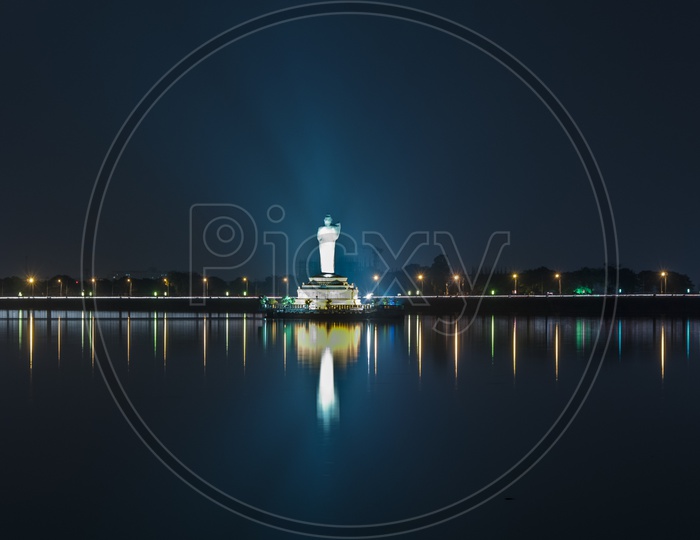 Image of Night view of Buddha Statue in Tank Bund, Hussain Sagar Lake ...