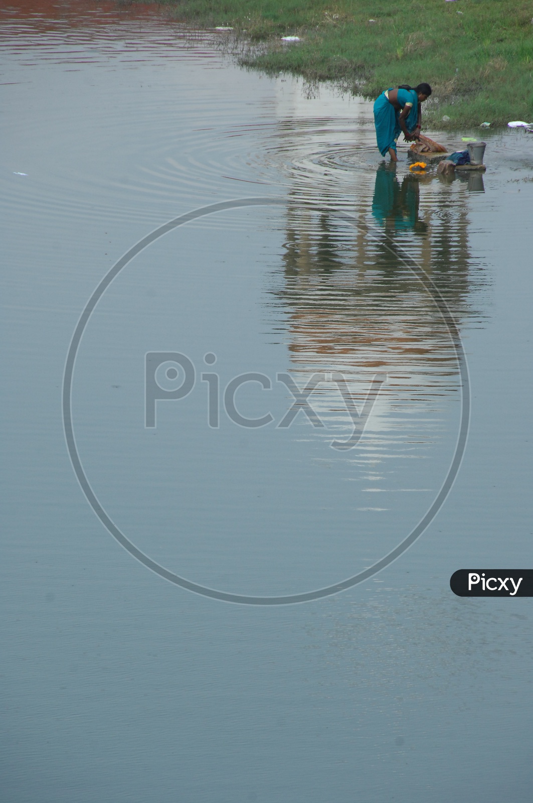 Image of Indian rural woman washing clothes at the bank of a small ...