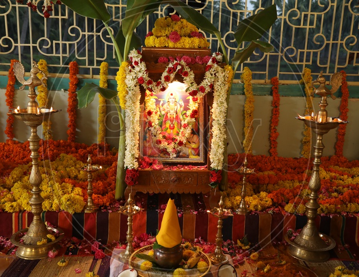 Image of Indian Hindu Pooja Stalls With Hindu Gods in Home-OG074788-Picxy