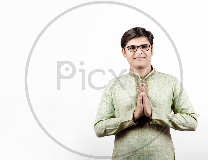 Image of Indian Young Man In Traditional Attire Saying Namaste On An ...