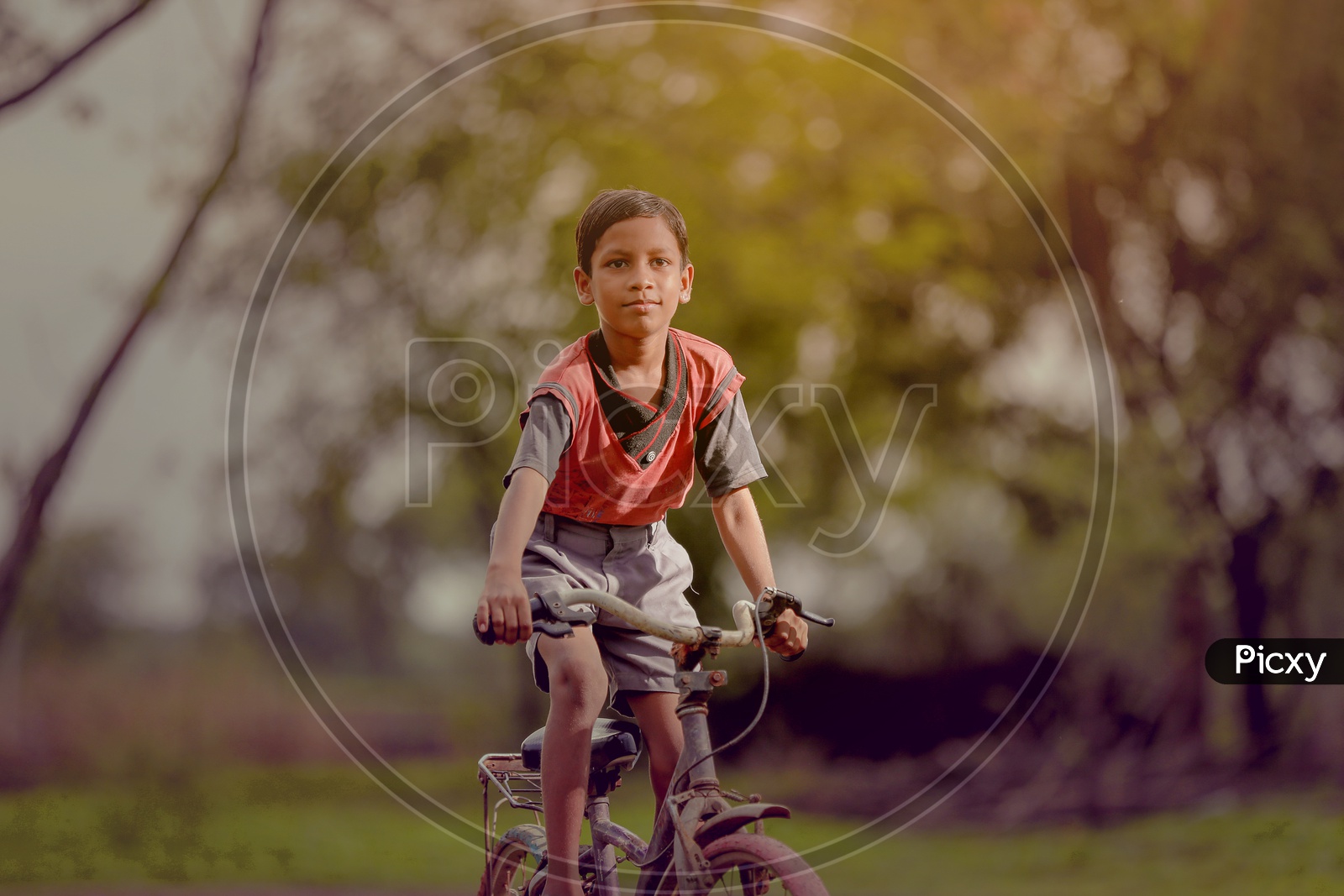 Image of Indian Boy Child Riding Bicycle in Rural India-TW166909-Picxy