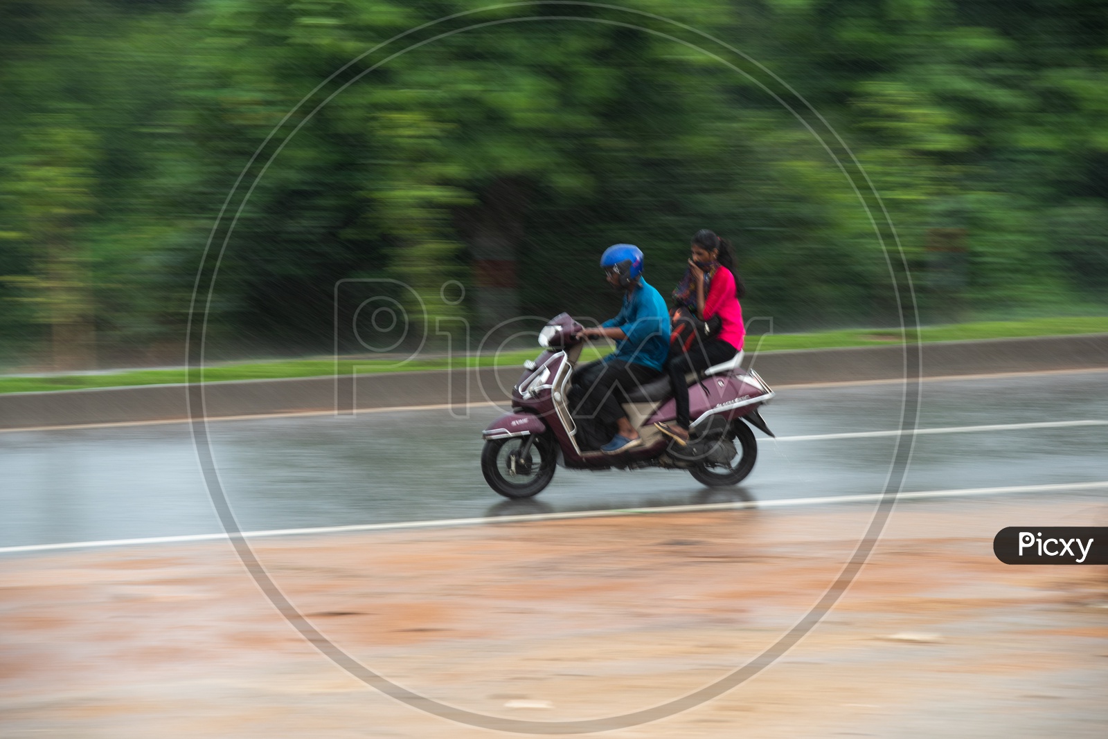 Image of Fast Moving Bikes Or 2 Wheeler in Heavy Rain on National ...