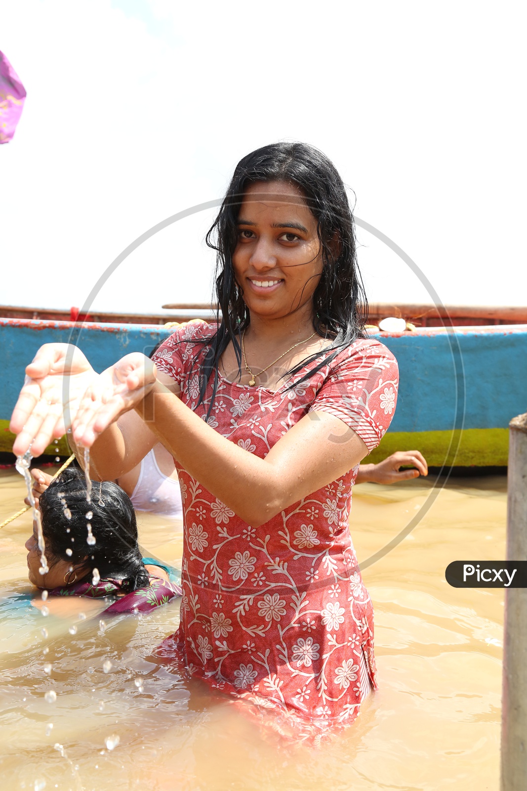 Image of Indian Hindu Devotees Taking Holy Bath In River krishna During ...