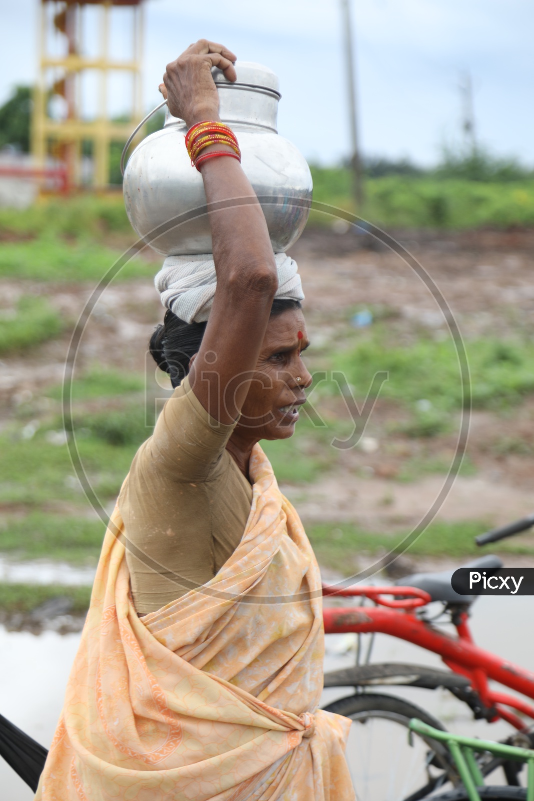 Image of Indian Old Woman carrying milk can on her head-YJ199919-Picxy