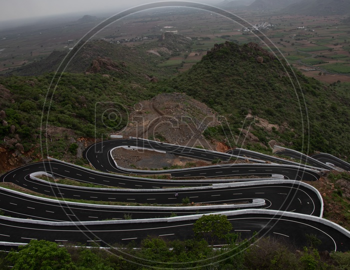 Image of Kondaveedu Ghat Road View With Asphalt Road Lines and Hairpin ...