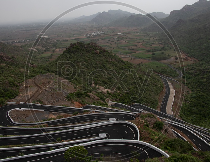Image of Kondaveedu Ghat Road View With Asphalt Road Lines and Hairpin ...