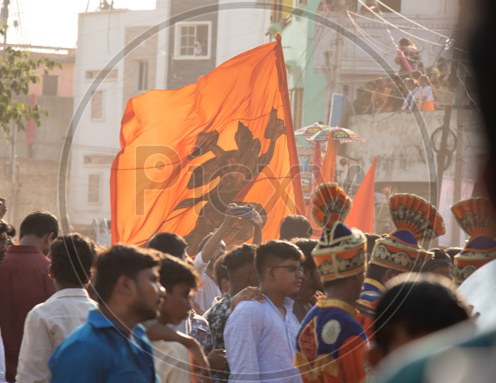 Image of Lord Hanuma Saffron Flags In Sri Rama Navami Shoba Yatra-RA399726-Picxy