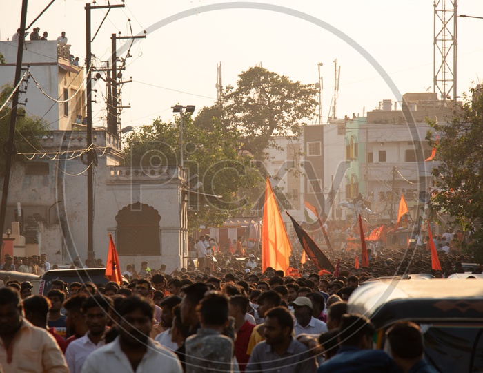 Image of Crowd Of Hindu devotees Carrying Saffron Flags At Sri Rama Navami Shoba Yatra-TN695025 ...