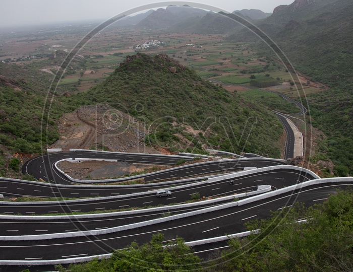 Image of Kondaveedu Ghat Road View With Asphalt Road Lines and Hairpin ...