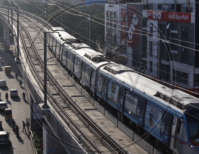 Image of Hyderabad Metro Train Running on Railway Track Lines With ...