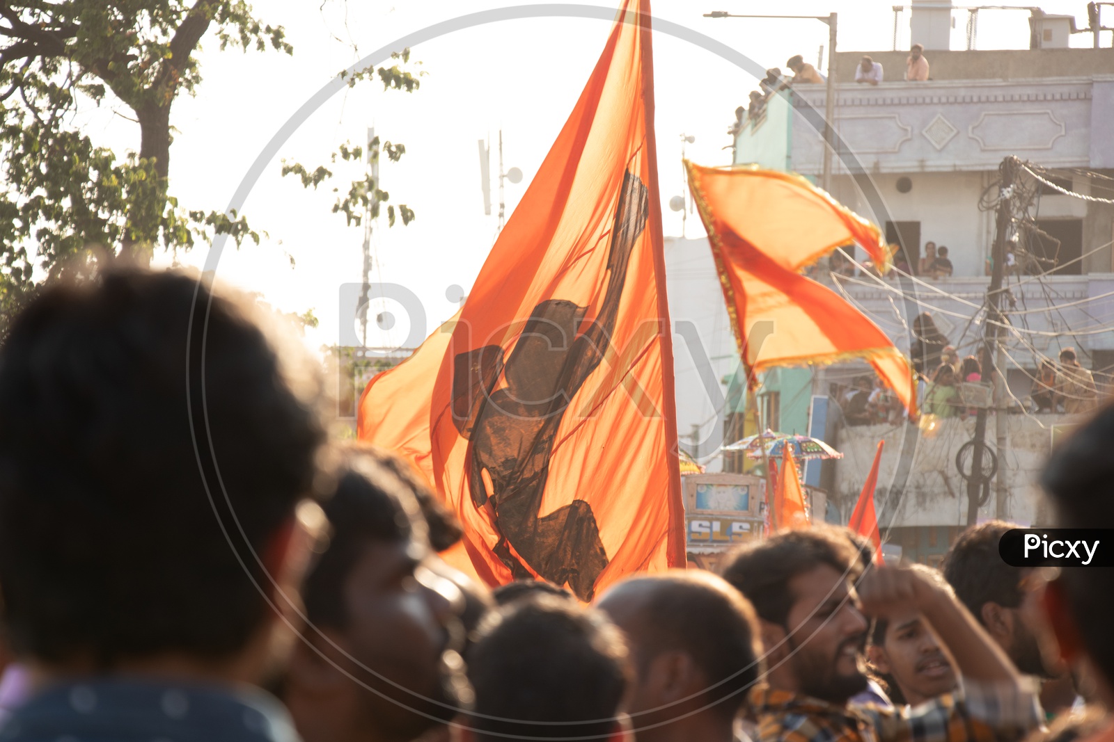 Image of Lord Hanuma Saffron Flags In Sri Rama Navami Shoba Yatra-BQ104894-Picxy