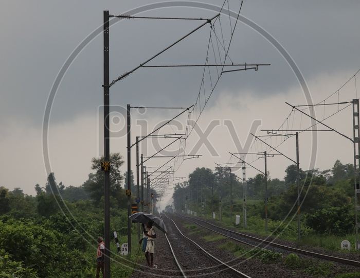 Image of An Empty Railway Track Line With Track And Electric Poles With ...