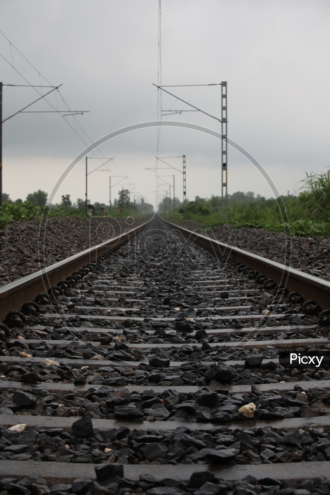 Image of An Empty Railway Track Line With Track And Electric Poles With ...