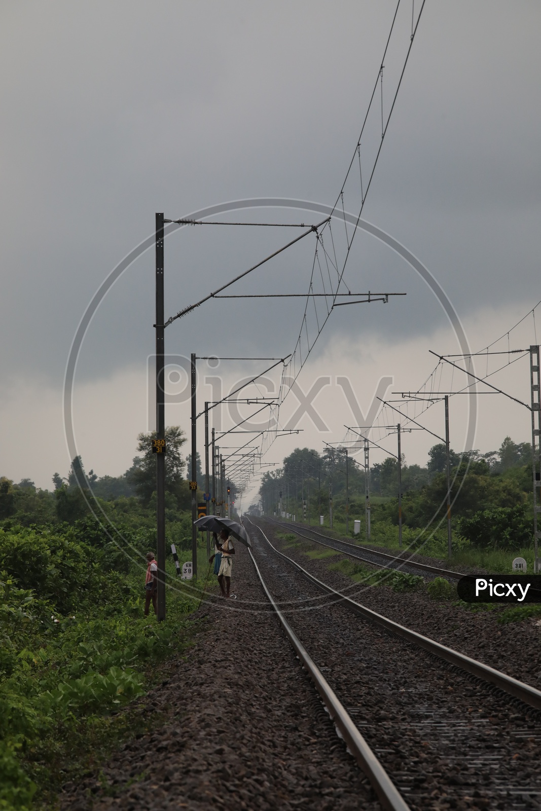 Image of An Empty Railway Track Line With Track And Electric Poles With ...