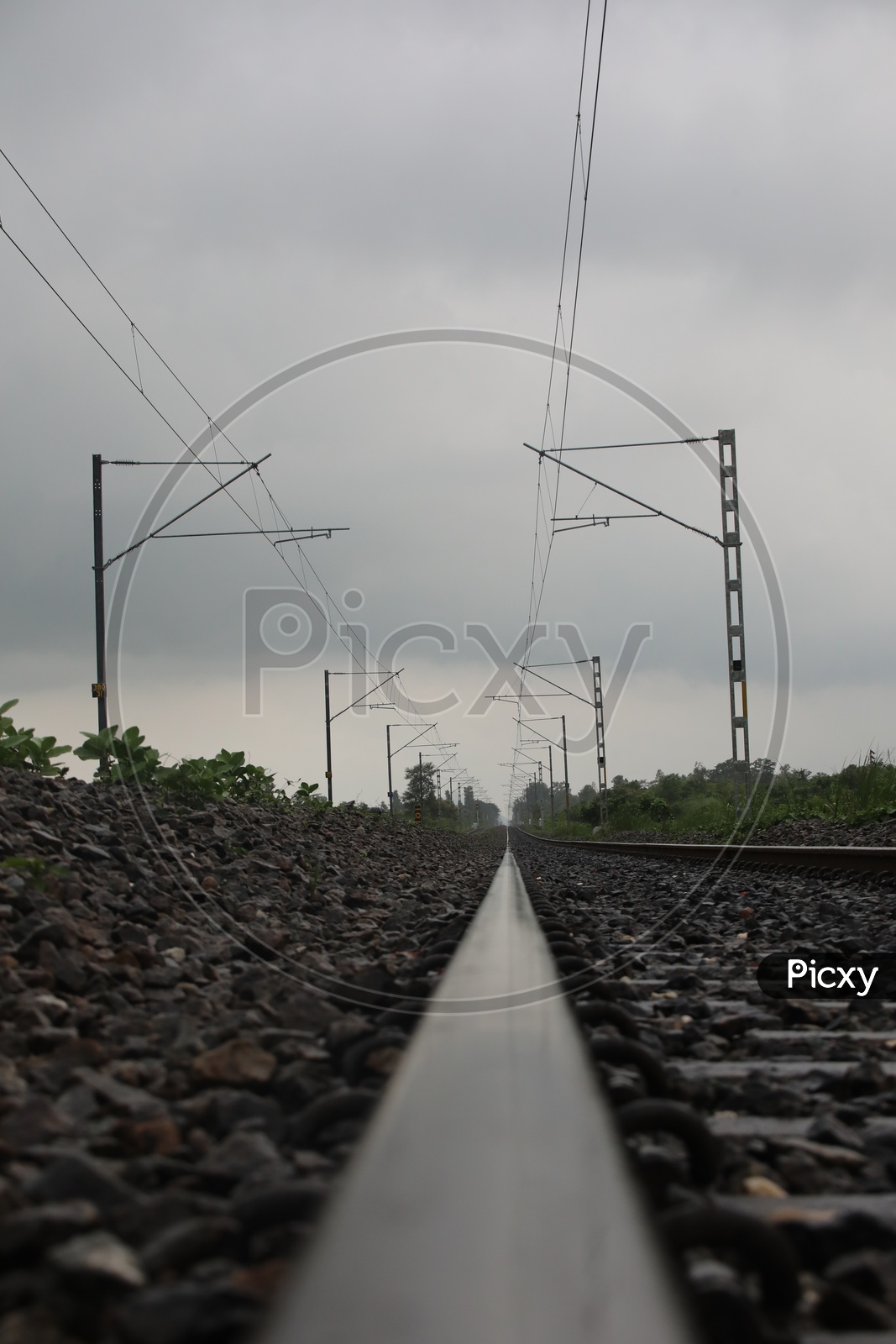 Image of An Empty Railway Track Line With Track And Electric Poles With ...