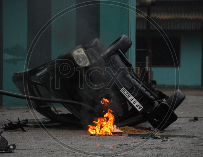 Image of Car Set on Fire For a Movie Sequence-QX396739-Picxy