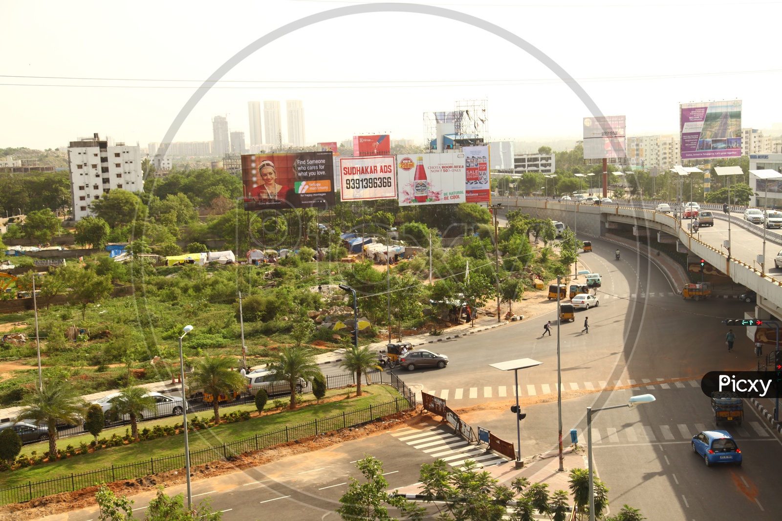 Image of Ariel view of Hi-tech city flyover with traffic on the roads ...