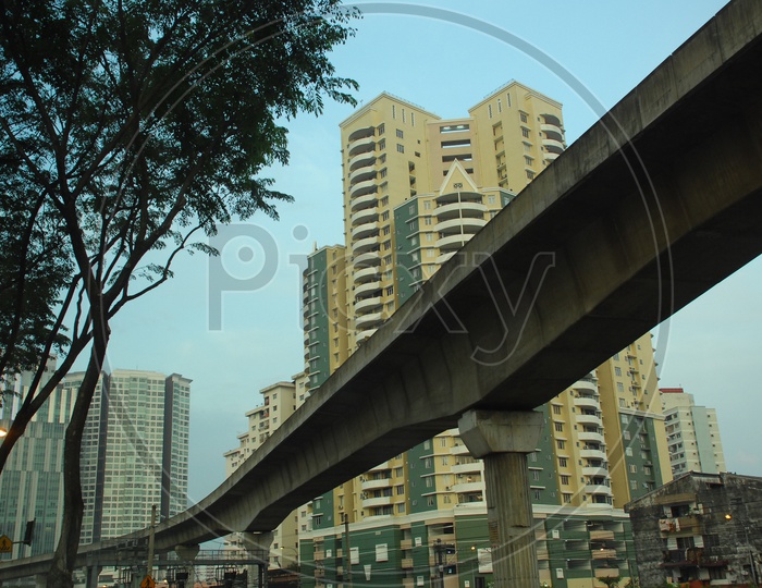 Image of View of an overpass with high rise buildings in background ...