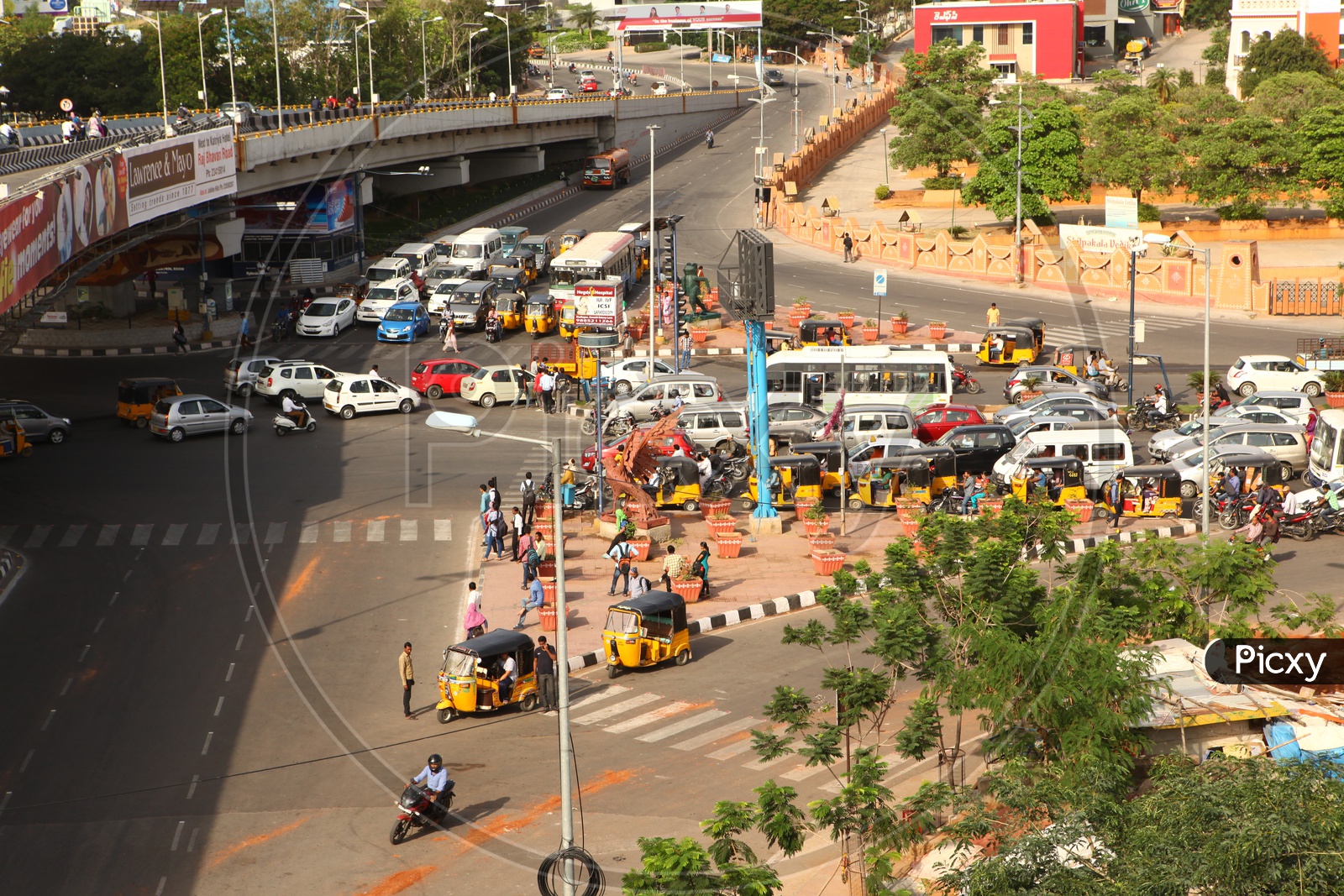 Image of Ariel view of Hi-tech city flyover with traffic on the roads ...