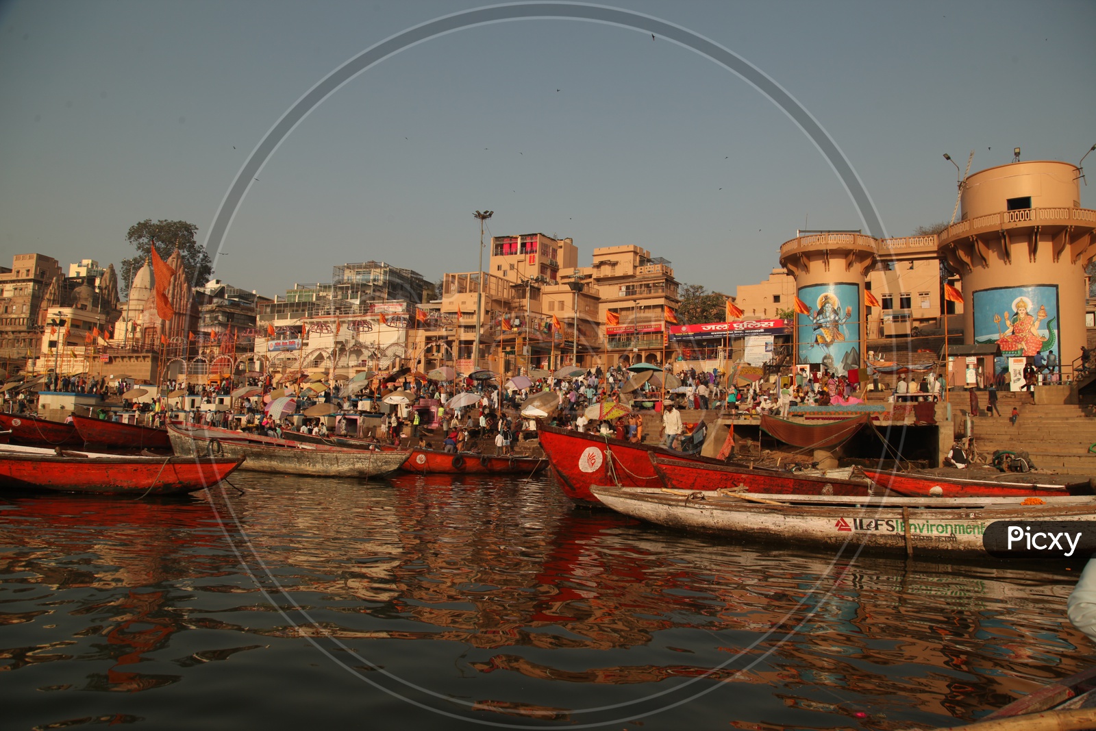 Image of View of Varanasi Ghats with boats and people-XR714633-Picxy
