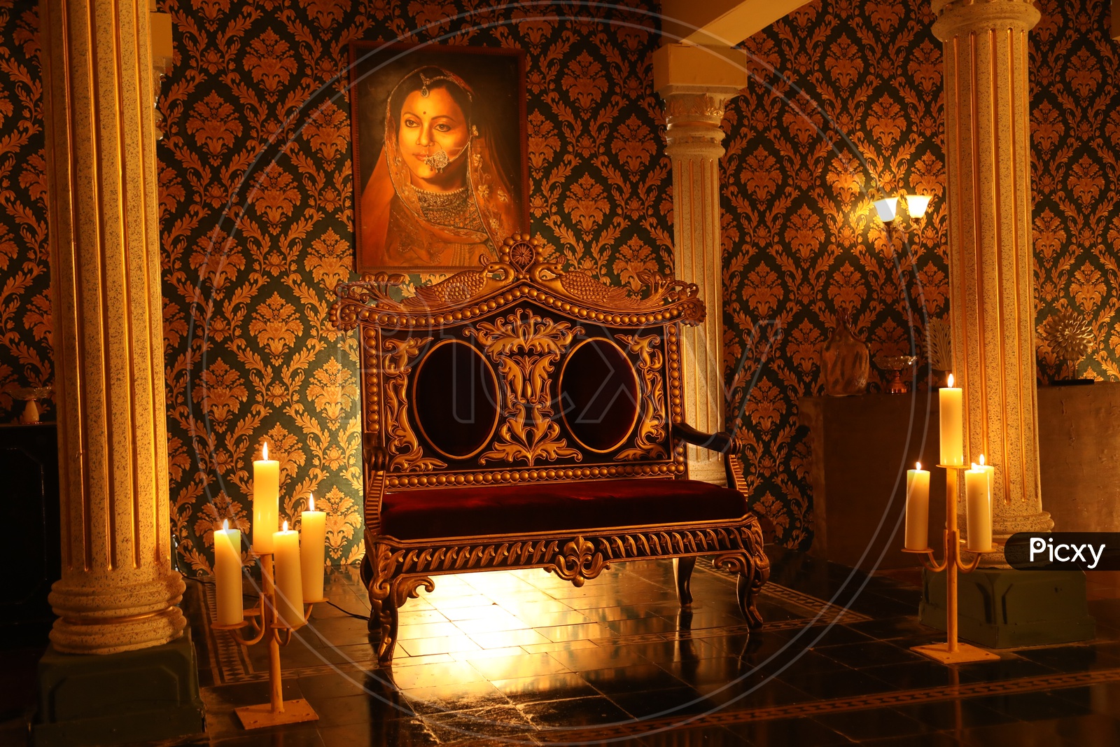 Image of Royal Indian court set up with a Throne and candles-VW571331-Picxy