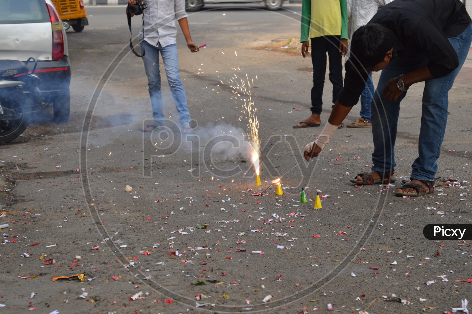 Image of Indians Celebrating Diwali By Firing Crackers on Streets on a ...
