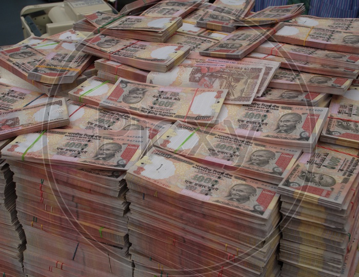 Image of Indian Old Currency Bundles In a Office Work Space Closeup ...