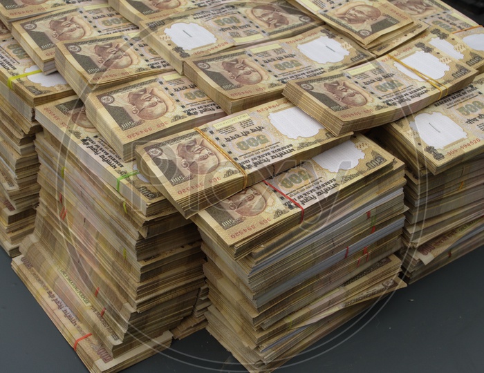 Image of Indian Old Currency Bundles In a Office Work Space Closeup ...