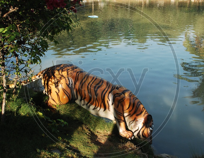 Image of Statue of a tiger drinking water near a pond-SC469101-Picxy