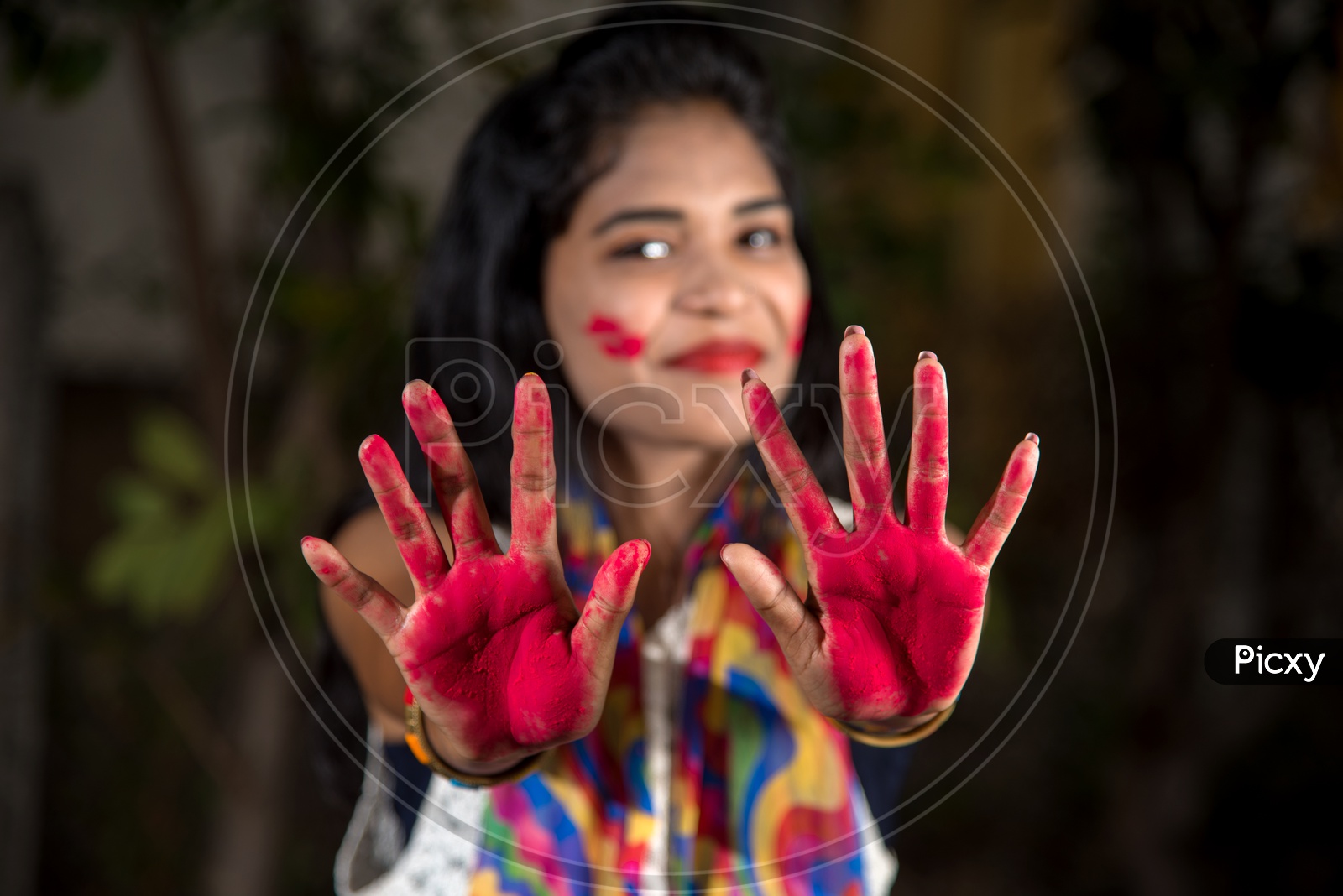 Image of Young Indian Girl showing Color Palm Celebrating Holi-YS975679 ...