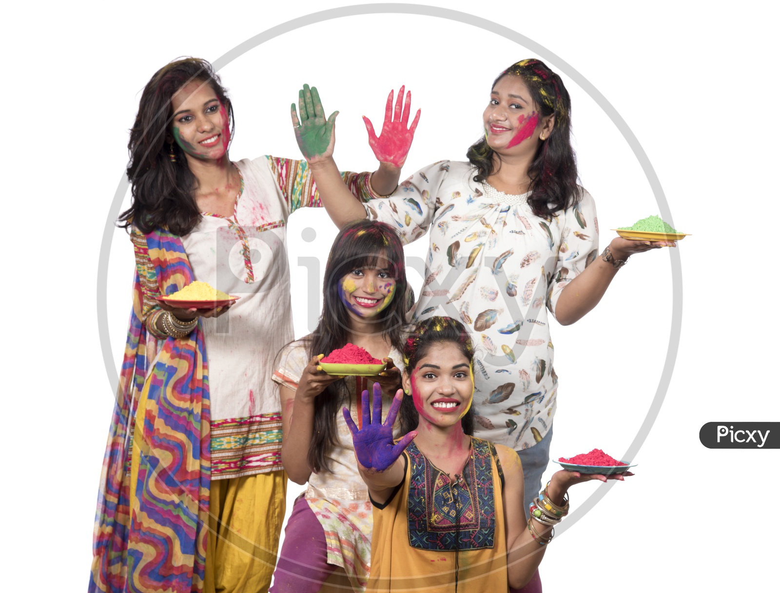 Image of A Group Of Young Girls Showing Color Palm and Holding Color ...