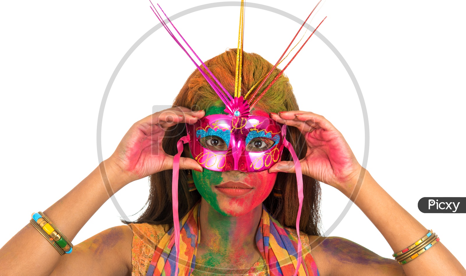 Image Of Young Girl Filled In Holi Colours Wearing Carnival Mask And image-of-young-girl-filled-in-holi-colours-wearing-carnival-mask-and