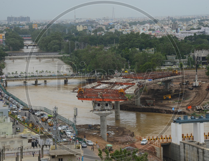 Image of Ariel view of the construction bridge over Krishna river and ...