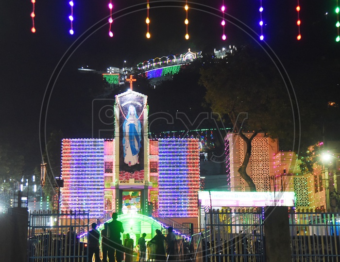 Image of A view of Gunadala matha shrine decorated with led lights ...