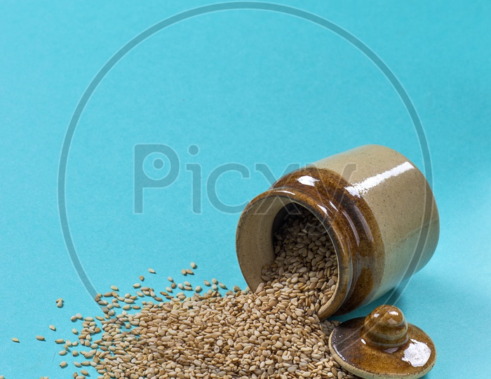 Image of Sesame Seeds in clay pot on blue background-BS719287-Picxy