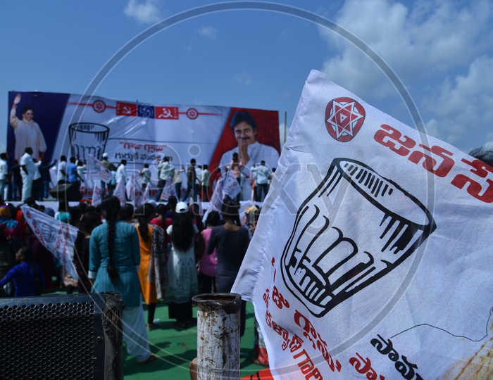 Image Of CPI And CPM Party Flags And Jana Sena Election Symbol Glass Image Of CPI And CPM Party Flags And Jana Sena Election Symbol Glass
