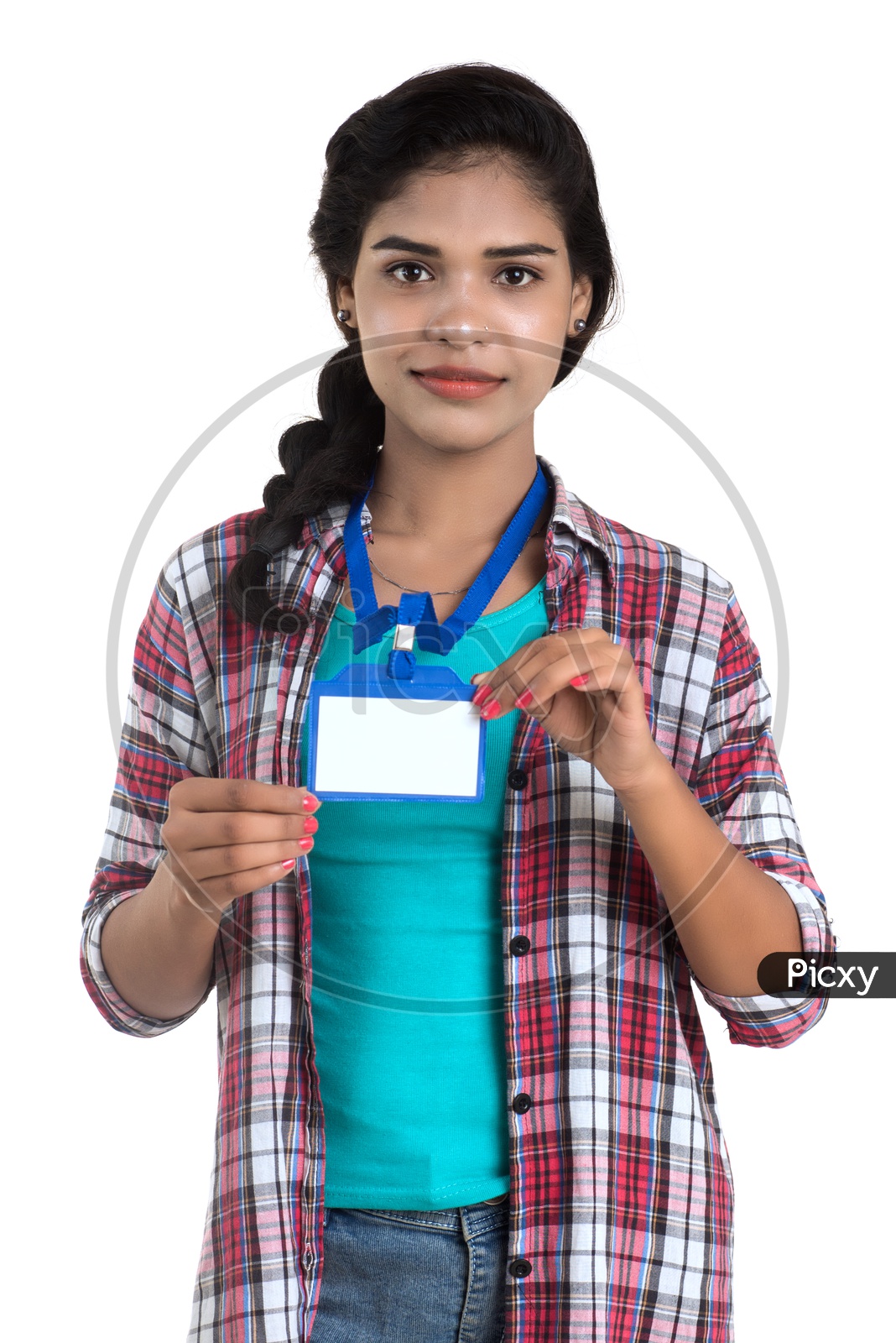 Image of Young Girl Holding Blank Identification Card And Showing Space ...