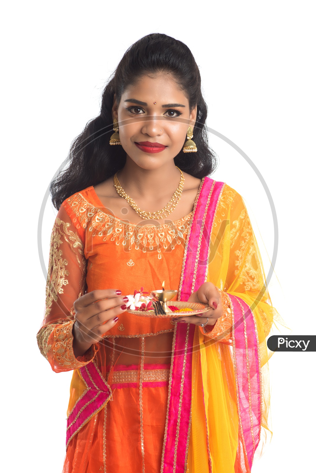 Image of A Young Indian Traditional Woman With Pooja Thali Or Pooja ...