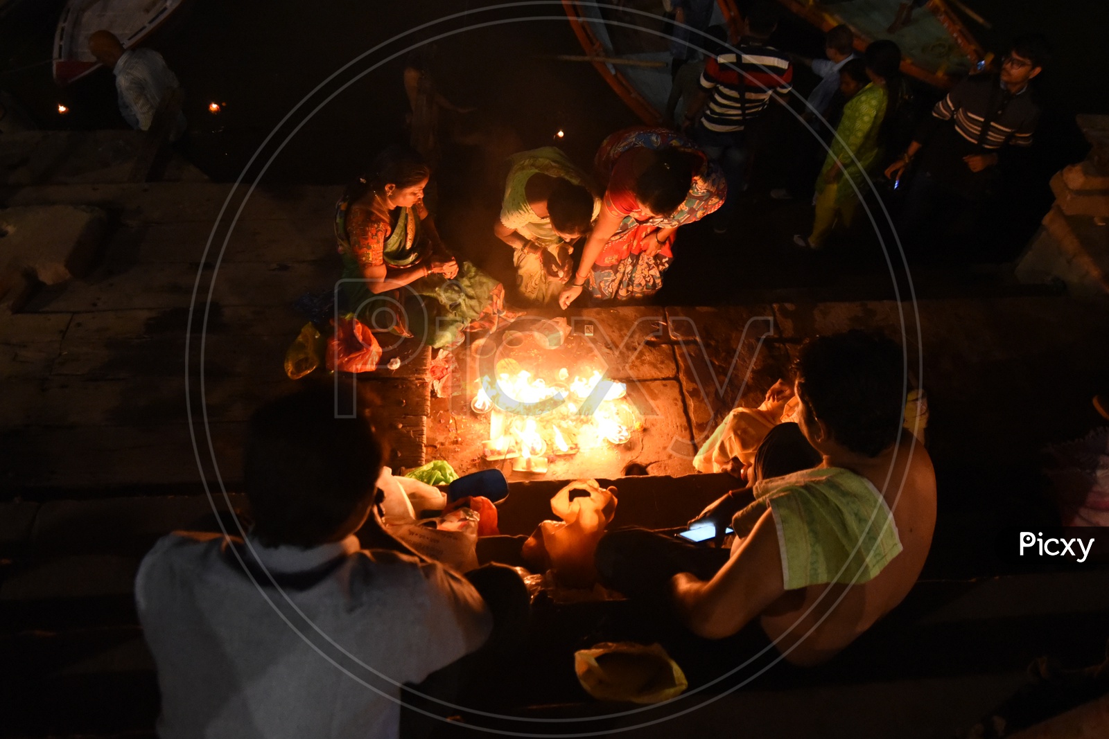 Image of Indian Hindu Devotees Lighting Dias On Festival Eve At Temple ...